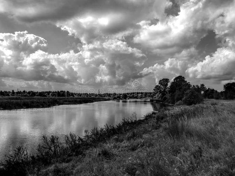 Beautiful Landscape on the River in Black and White Image Stock Photo ...