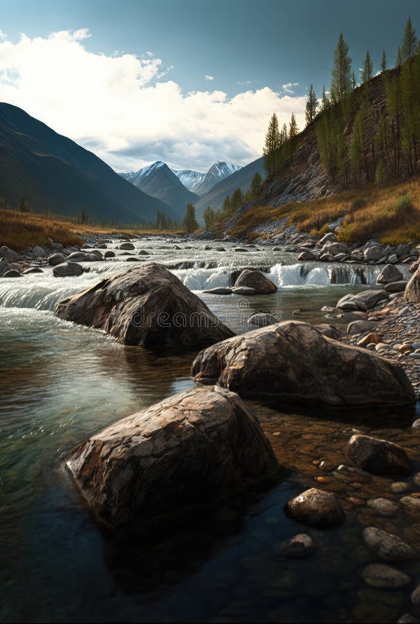 Beautiful Landscape of River Creek with Rocks and Mountains, Created ...
