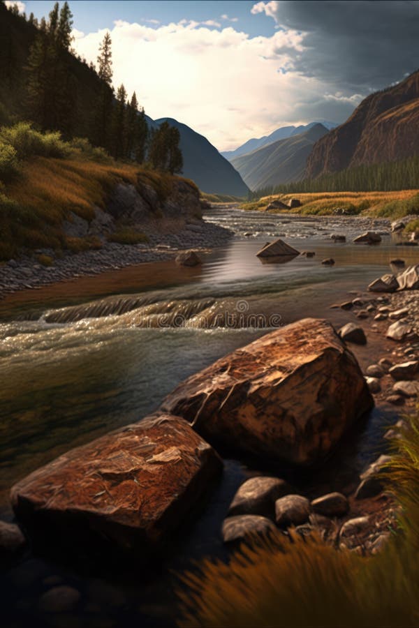 Beautiful Landscape of River Creek with Rocks and Mountains, Created ...