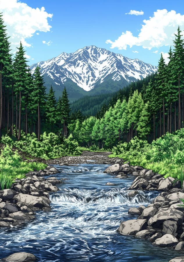 In a Beautiful Landscape, a River Flows through a Forest Under a Sky ...