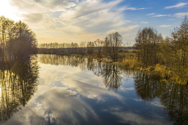 Beautiful Landscape on the River Overgrown with Reeds and Trees during ...