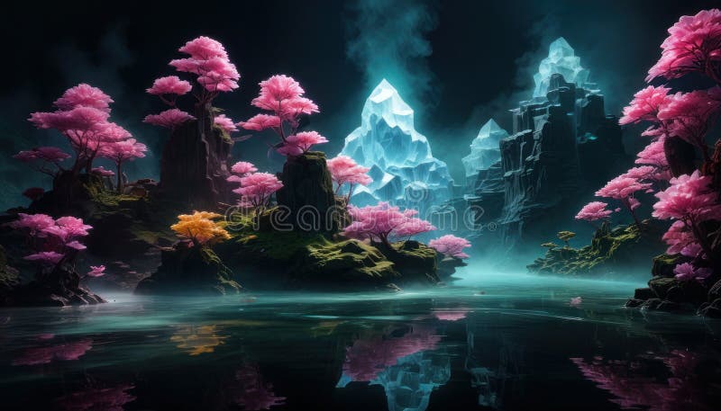 A Beautiful Landscape with Pink Trees and a Blue River Stock Image ...