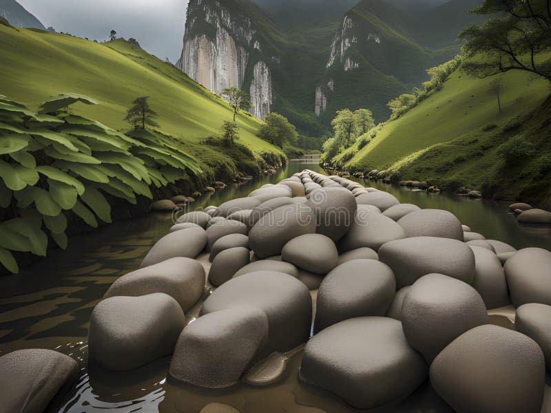 Beautiful Landscape with River and Stone Stock Illustration ...