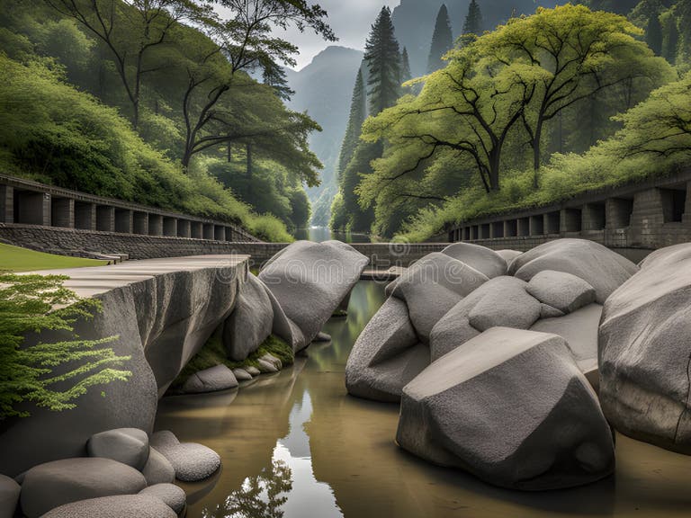 Beautiful Landscape with River and Stone Stock Illustration ...