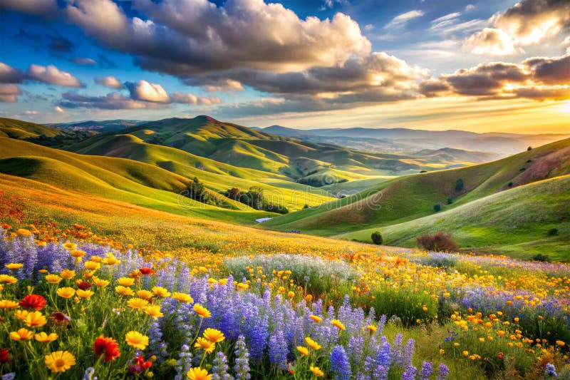 Beautiful Landscape of Rolling Hills and Wildflowers Stock Illustration ...