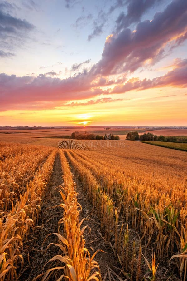 Corn fields at sunset stock illustration. Illustration of natural ...