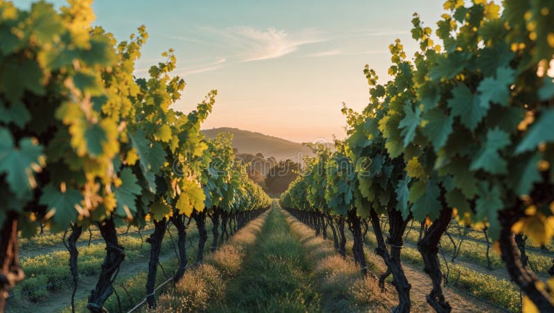 A Beautiful Landscape Shows Rows of Grape Vines at Sunset Stock Photo ...