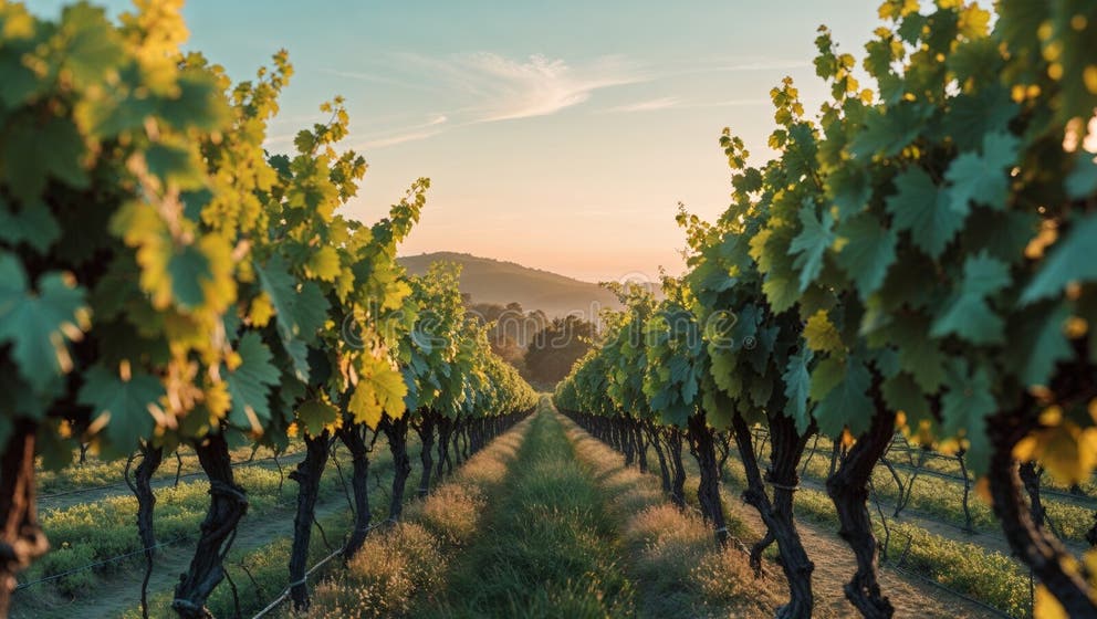 A Beautiful Landscape Shows Rows of Grape Vines at Sunset Stock Photo - Image of arafed, dusk ...