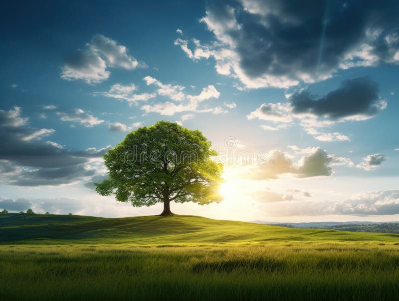 Beautiful Landscape with Single Tree in the Meadow at Sunset Stock ...
