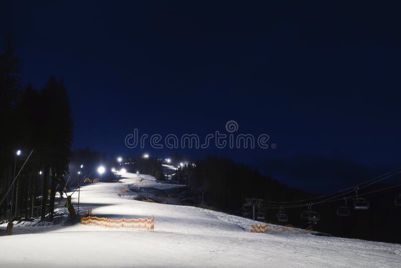 Beautiful Landscape with Ski Track at Night. Stock Image - Image of ...