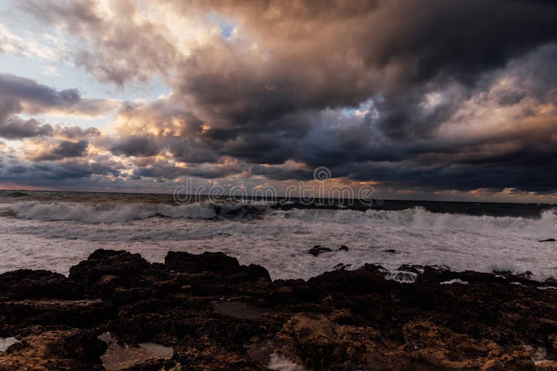 Beautiful Landscape Storm on Sea and Sunset with Clouds Stock Image ...
