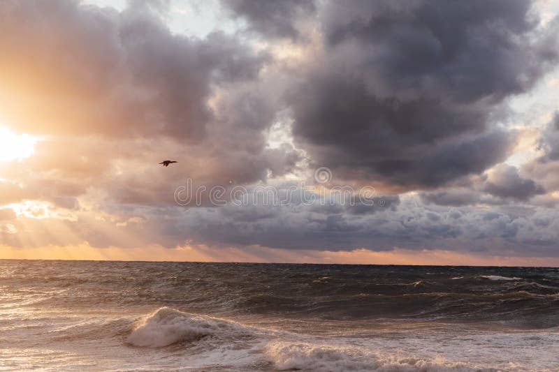 Beautiful Landscape, Storm on the Sea and Sunset Sky with Clouds Stock ...