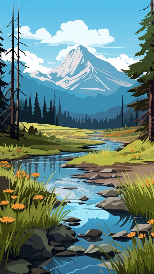Beautiful Landscape with Stream and Mountains: Graphic Illustrations in ...