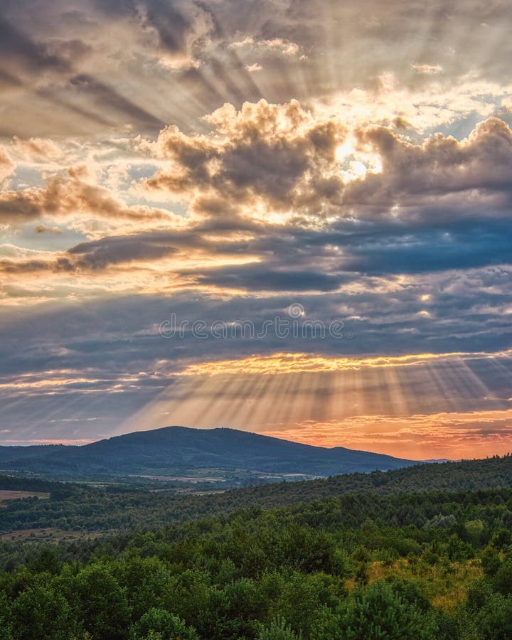 Beautiful Landscape Sun Rays through Clouds Over Mountain Forests Stock ...