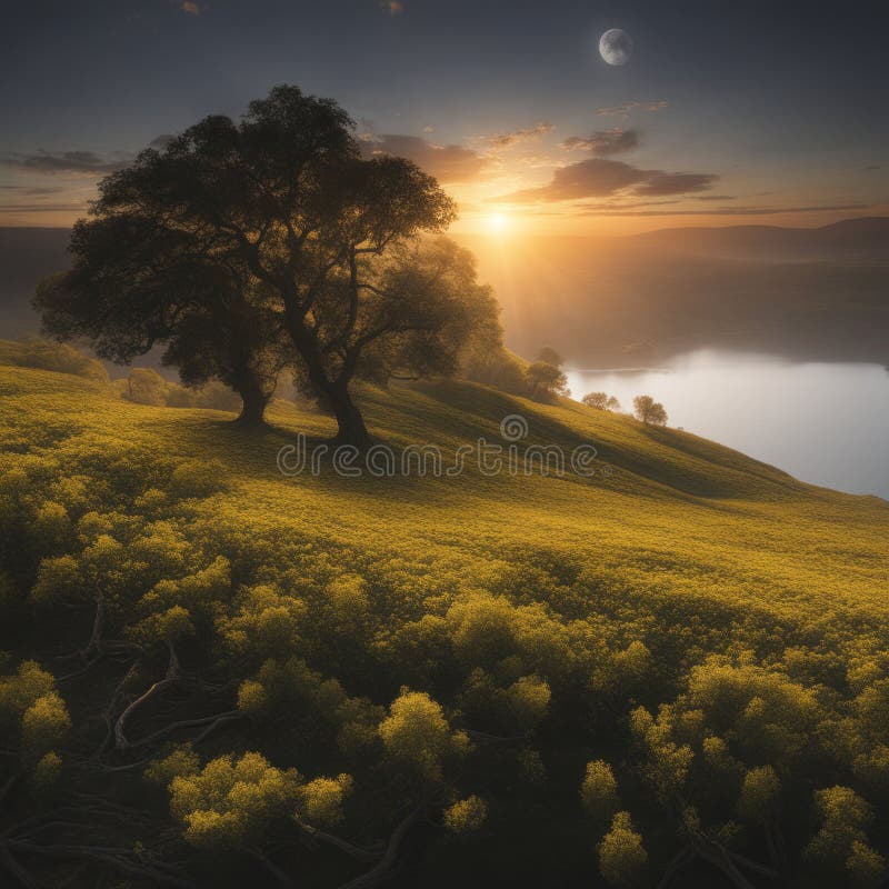 Beautiful Landscape with a Tree and a Field of Grass Beautiful ...
