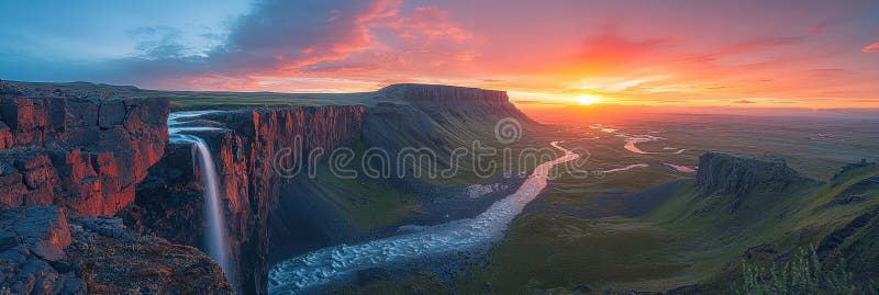 Beautiful Landscape with Waterfall and Sunset Sky Stock Illustration ...