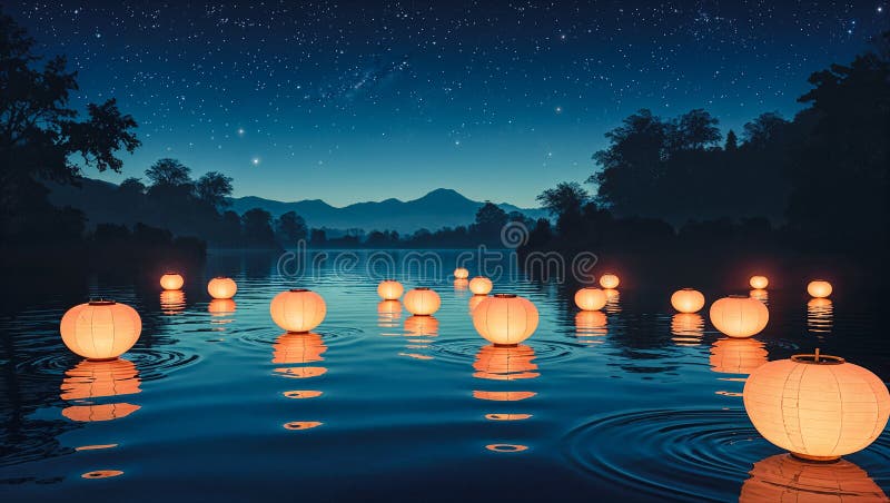 Beautiful Lantern Floating on the River in the Night Stock Illustration ...