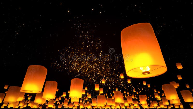 Beautiful Lanterns Flying in Night Sky Stock Image - Image of family ...