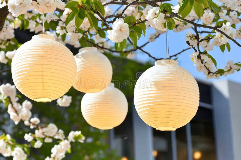 Beautiful Lanterns Hanging from Tree Adorned with Blossoms Stock Image ...