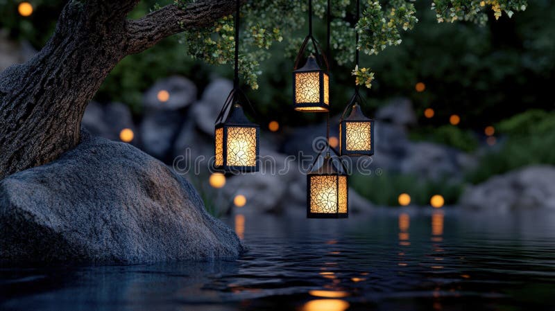 Beautiful Lanterns Hanging from a Tree by a Tranquil Water at Night ...