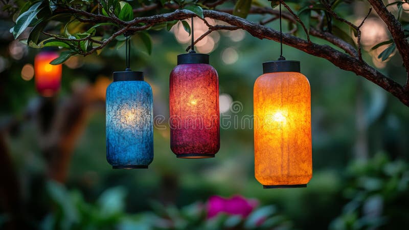 Beautiful Lanterns Illuminate a Serene Garden Pathway during Twilight ...