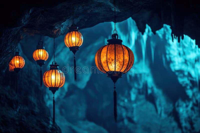 Beautiful Lanterns Illuminate a Stunning Cave Interior with Blue ...