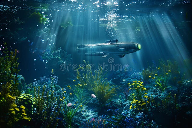 Beautiful Large Bathyscaphe Floating in Middle of Deep Ocean during ...