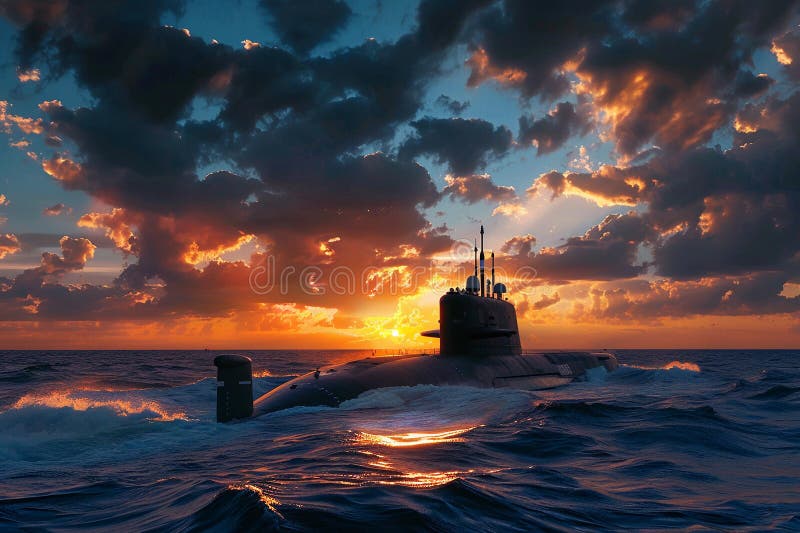 Beautiful Large Submarine Floating in Middle of Ocean during Mission ...