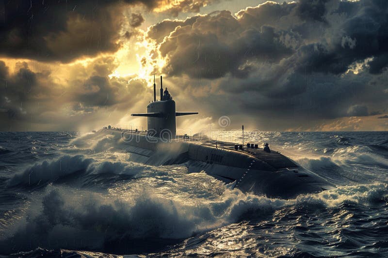 Beautiful Large Submarine Floating in Middle of Ocean during Mission ...