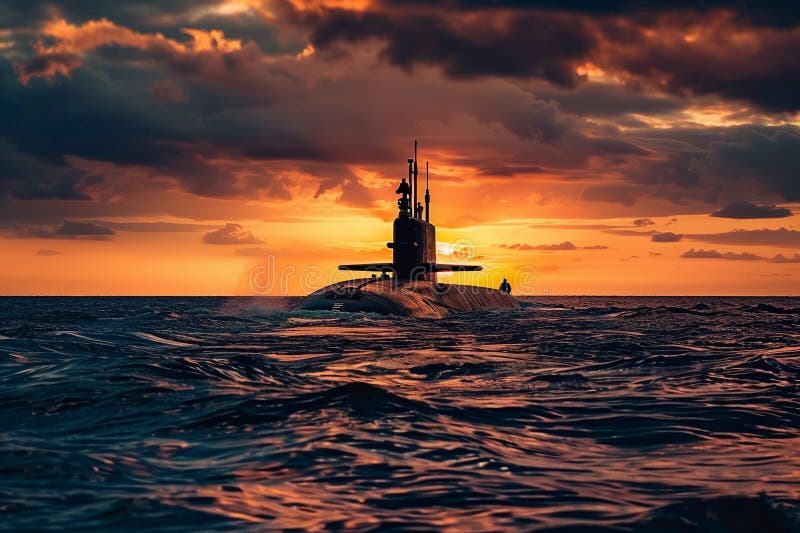Beautiful Large Submarine Floating in Middle of Ocean during Mission ...