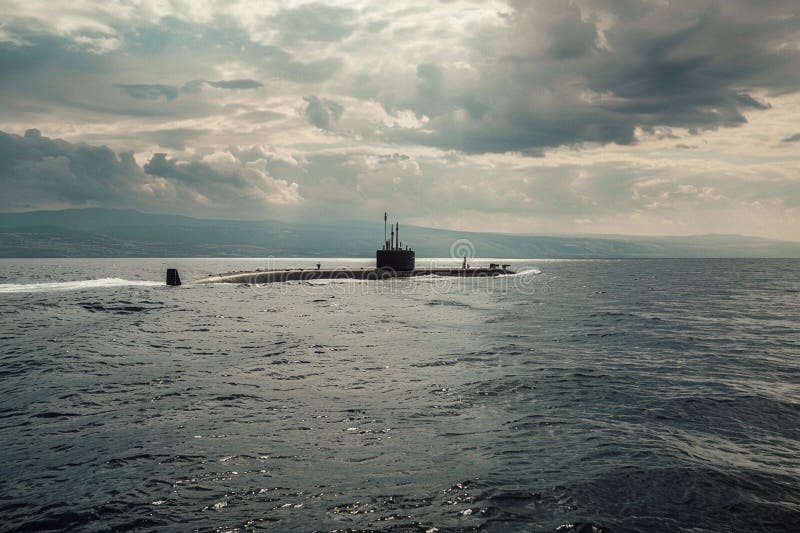 Beautiful Large Submarine Floating in Middle of Ocean during Mission ...