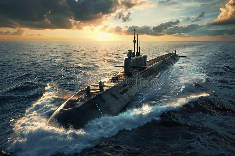 Beautiful Large Submarine Floating in Middle of Ocean during Mission ...