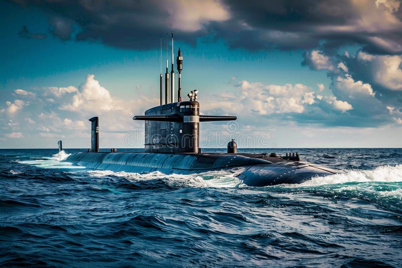 Beautiful Large Submarine Floating in Middle of Ocean during Mission ...