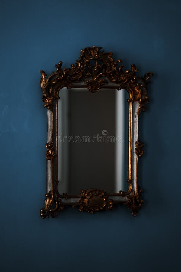 Close Up of Ancient Mirror on Blue Wall. Beautiful Large Vintage Mirror ...