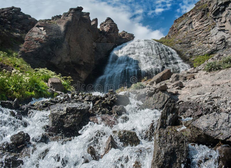 Beautiful Large Waterfall in the Mountains Close-up, View from Below ...
