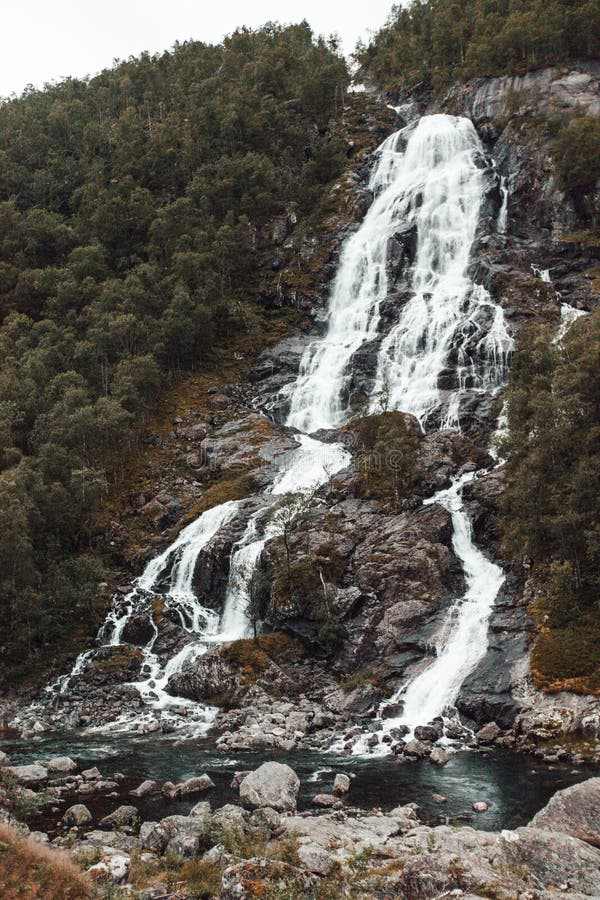 A Beautiful Large Waterfall in Norway Falls from a High Mountain Stock ...