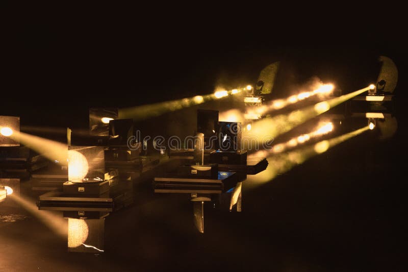 Beautiful Laser Lights, Yellow Laser in the Smoke is Reflected from ...