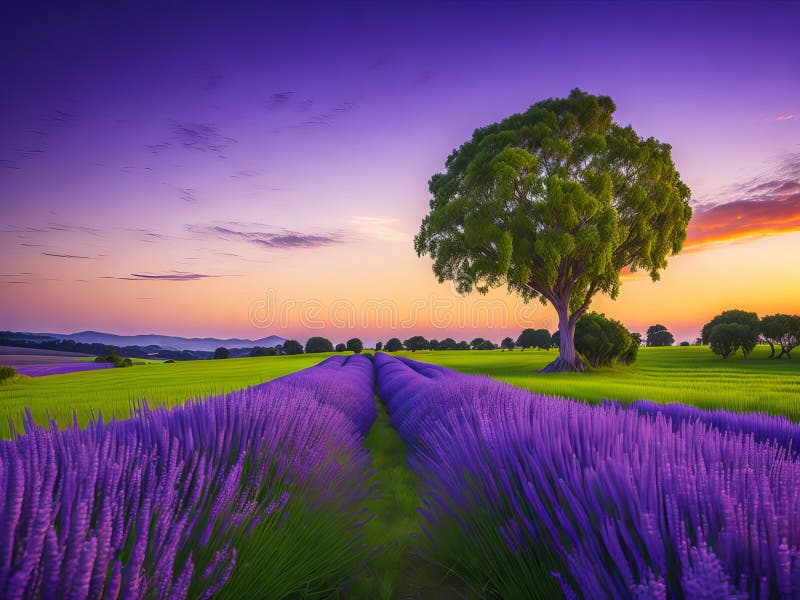 Beautiful Lavender Meadow Scenery the Last of the Summer S Trees. Stock ...