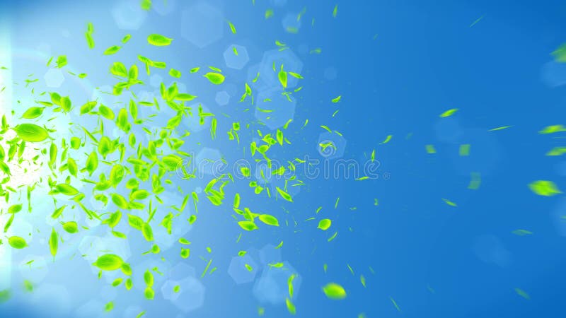 Fresh Green Leaves Falling on Blue Background. CG Leaf Confetti. Loop ...