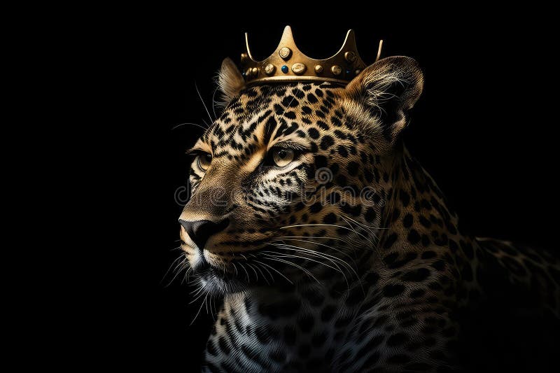Beautiful Leopard in Gold Crown on Matte Black Background. Generative ...
