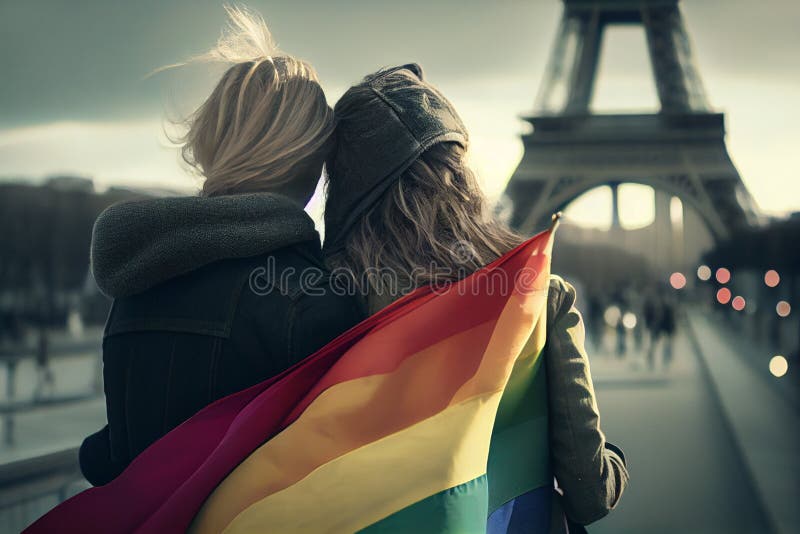 Beautiful Lesbian Young Couple Gently Lovingly Hugging With Rainbow