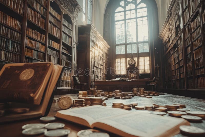 A Beautiful Library Filled with Old Books and Scattered Coins. the ...