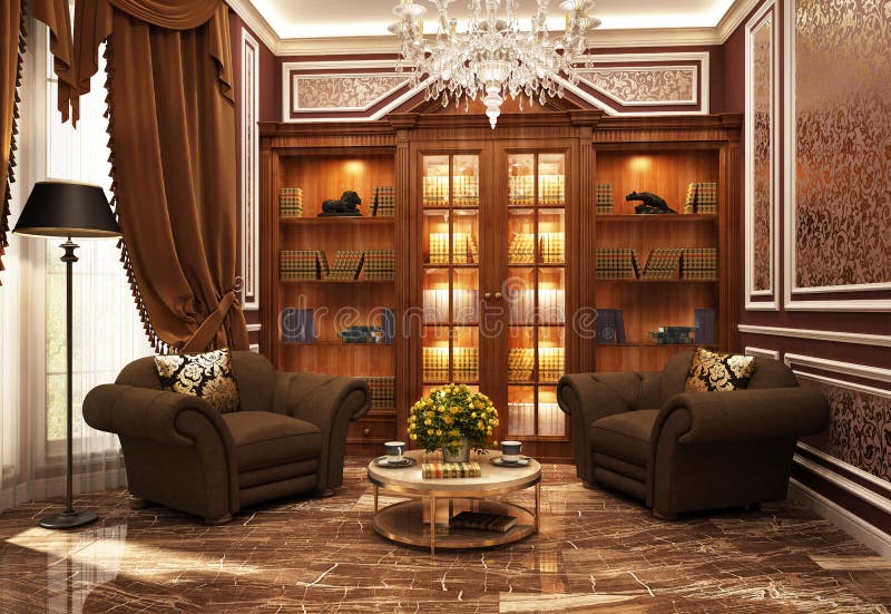 Beautiful Library in Classic Style Stock Illustration - Illustration of ...