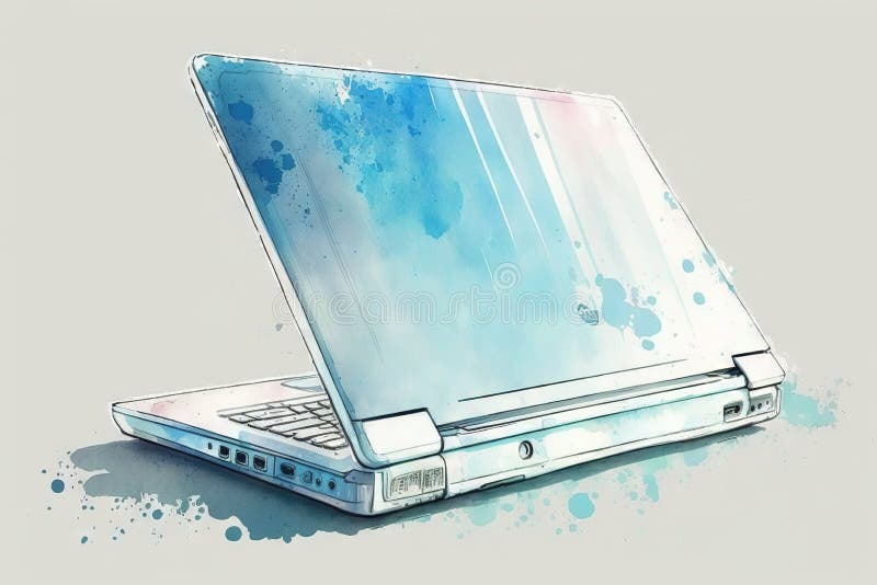 Beautiful Light Blue Laptop Watercolor Stock Photo - Image of sketch ...