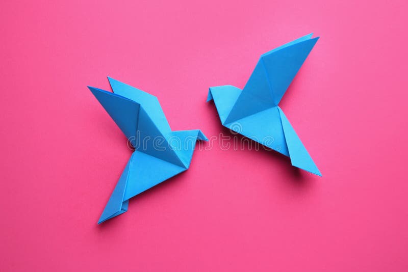 Beautiful Light Blue Origami Birds on Pink Background, Flat Lay Stock ...