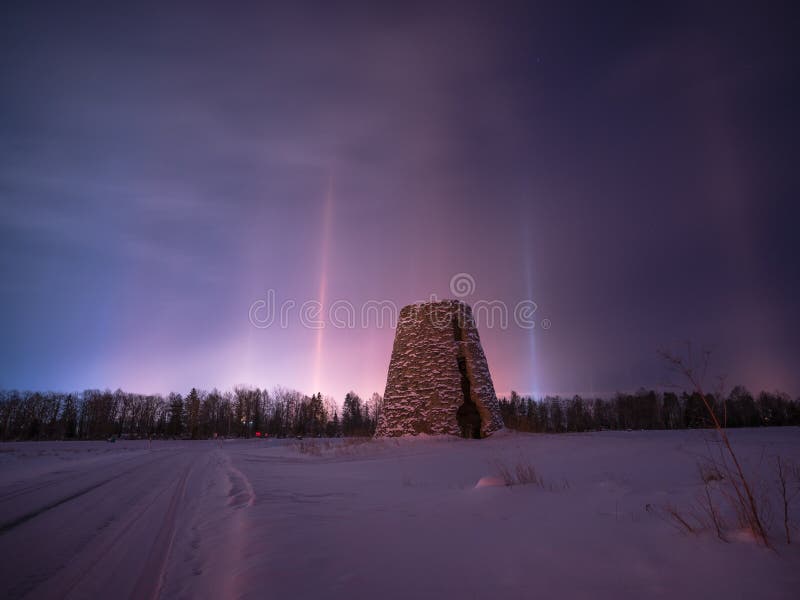 Beautiful Light Pillars in the Winter. Stock Image - Image of sight ...