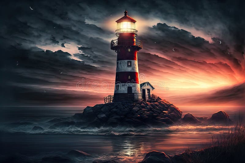Beautiful Lighthouse Adorned Nighttime Seascape with a Gloomy Sky at ...