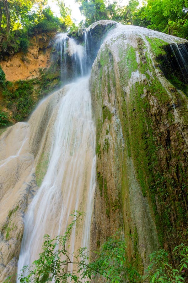 Limestone Waterfall in Green Forest Stock Image - Image of waterfall ...