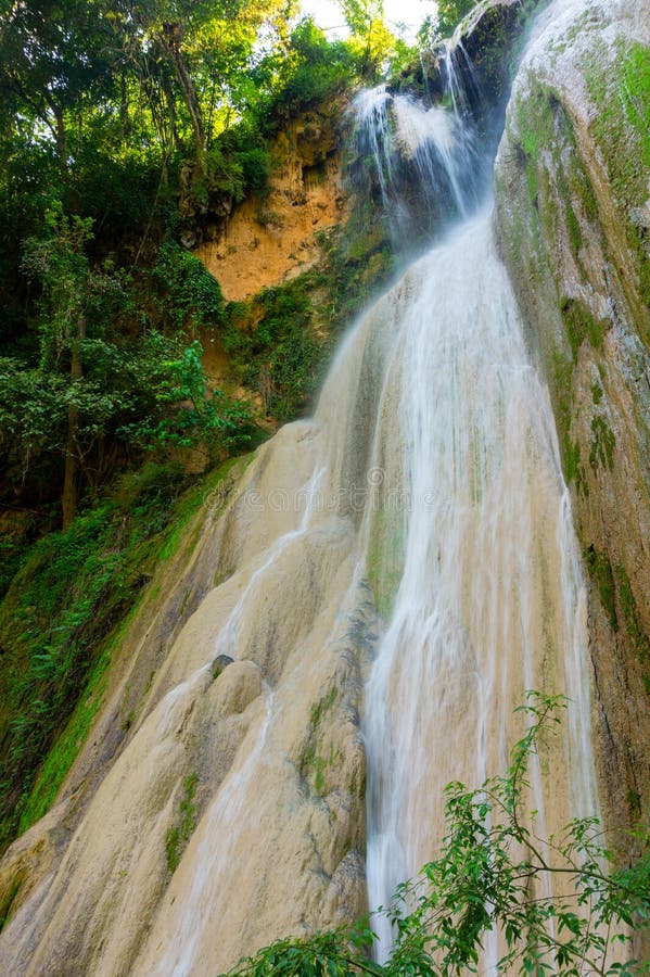 Limestone Waterfall in Green Forest Stock Image - Image of forest ...