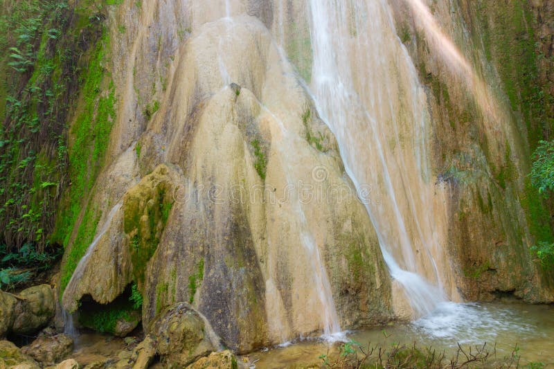 Limestone Waterfall in Green Forest Stock Photo - Image of green ...